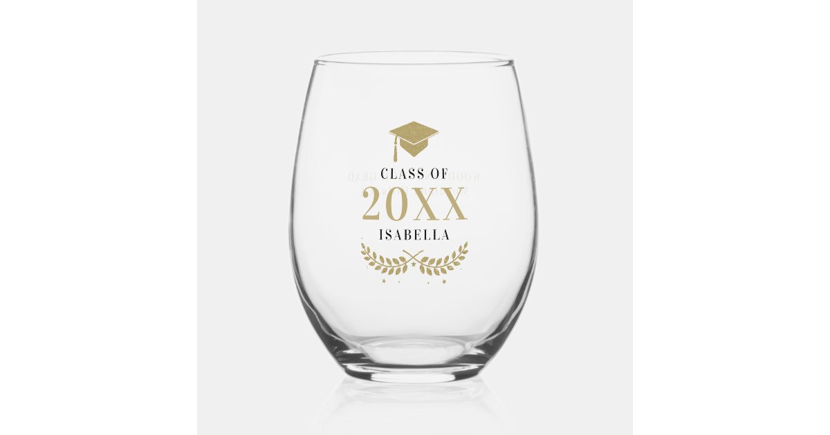 Gold Graduation Cap Laurel Personalized Grad Gift Stemless Wine Glass ...