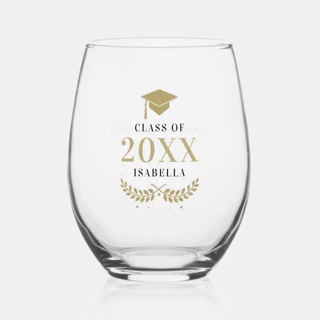 Gold Graduation Cap Laurel Personalized Grad Gift Stemless Wine Glass ...
