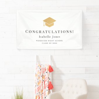 Gold Graduation Cap Minimalist White Graduation Banner | Zazzle
