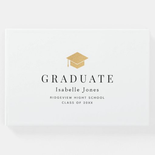 Gold Graduation Cap Minimalist White Graduation Guest Book | Zazzle
