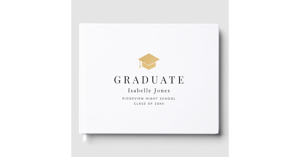 Gold Graduation Cap Minimalist White Graduation Guest Book | Zazzle
