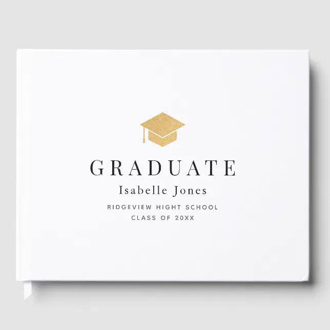 Gold Graduation Cap Minimalist White Graduation Guest Book | Zazzle