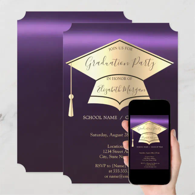 Gold Graduation Cap,Purple Graduation Invitation | Zazzle