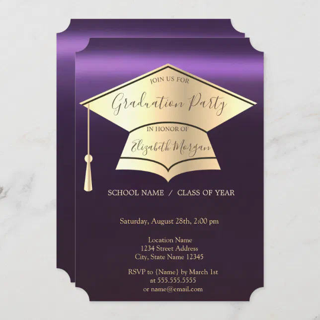 Gold Graduation Cap,Purple Graduation Invitation | Zazzle