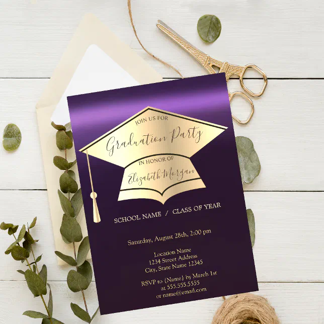 Gold Graduation Cap,Purple Graduation Invitation | Zazzle
