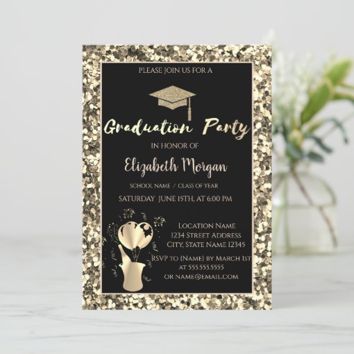 Gold Graduation Cap Sequins Graduation Party Invitation | Zazzle