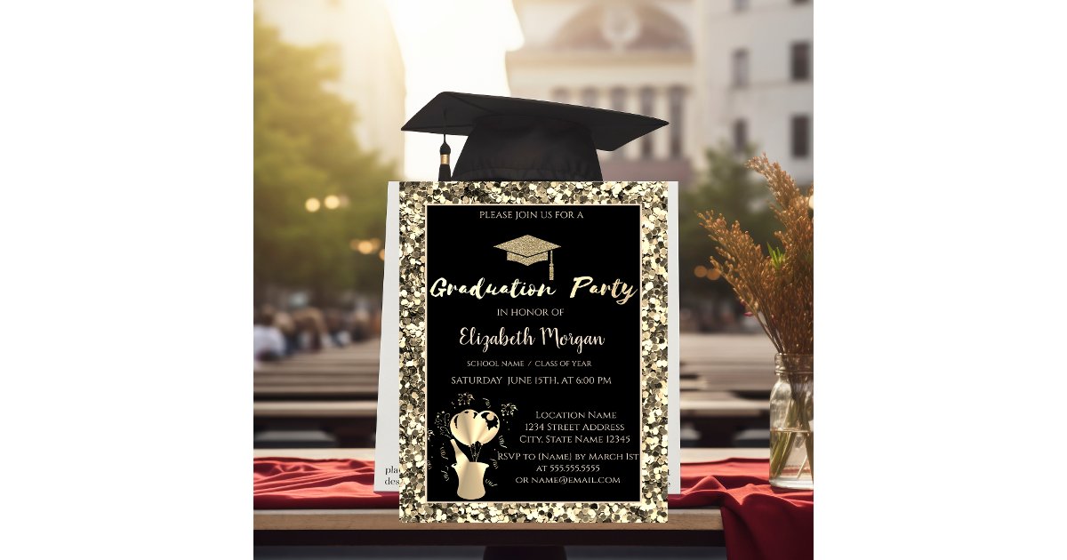 Gold Graduation Cap Sequins Graduation Party Invitation | Zazzle