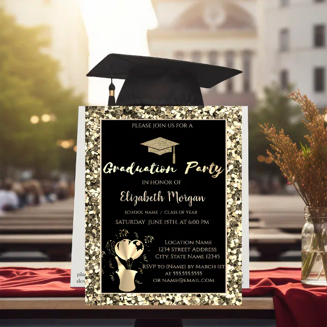 Gold Graduation Cap Sequins Graduation Party Invitation | Zazzle