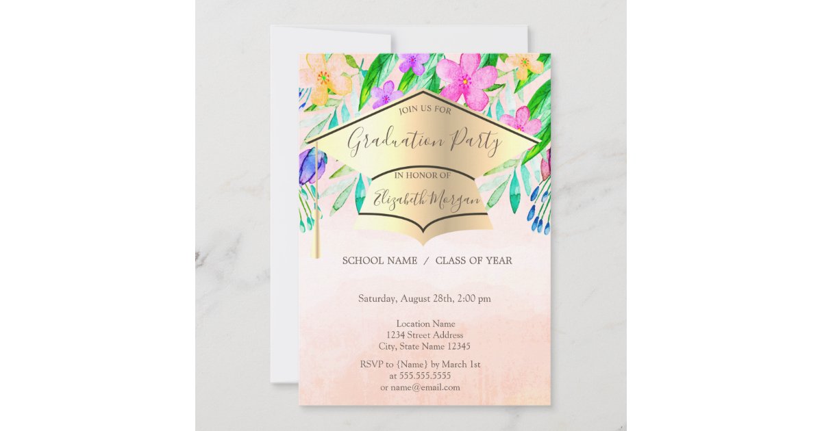 Gold Graduation Cap Spring Flowers Graduation Invitation | Zazzle