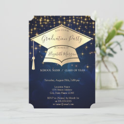 Gold Graduation Cap,Stars Blue Graduation Invitation | Zazzle