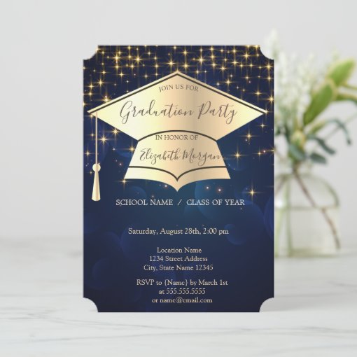 Gold Graduation Cap,Stars Blue Graduation Invitation | Zazzle