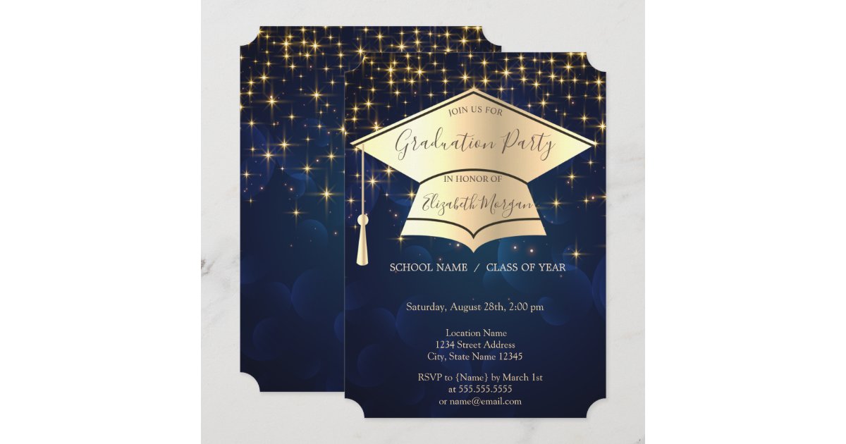Gold Graduation Cap,Stars Blue Graduation Invitation | Zazzle