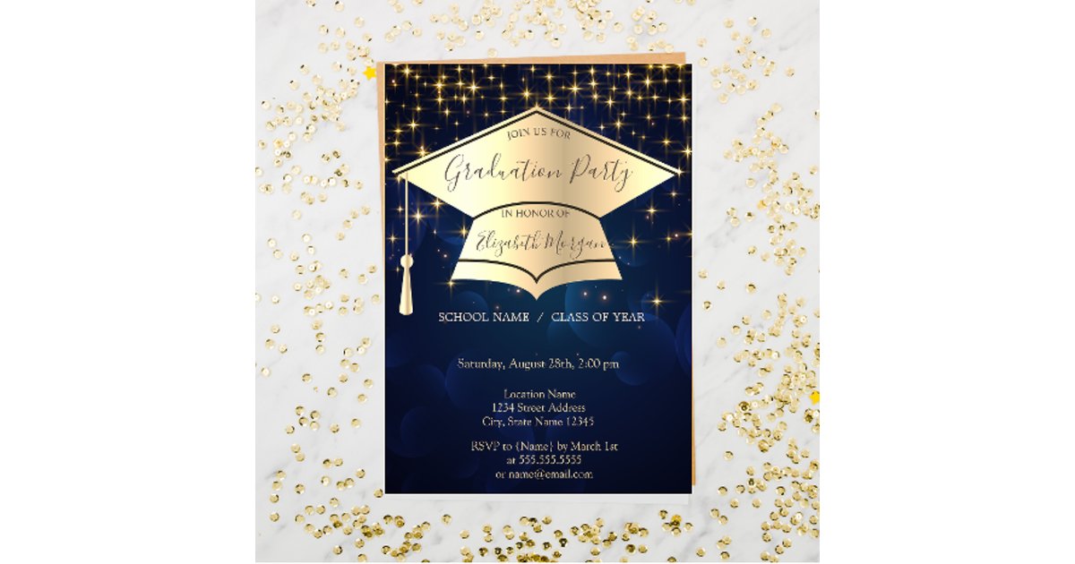 Gold Graduation Cap,Stars Blue Graduation Invitation | Zazzle