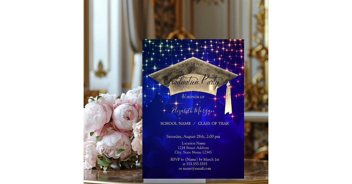 Gold Graduation Cap,Stars Blue Graduation Invitation | Zazzle