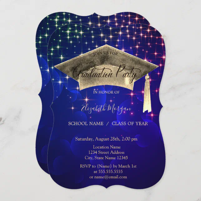 Gold Graduation Cap,Stars Blue Graduation Invitation | Zazzle