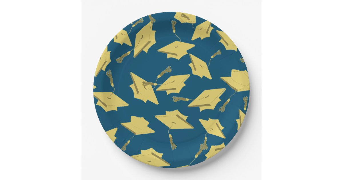 Gold Graduation Caps in the Air on Blue Fun Party Paper Plates | Zazzle