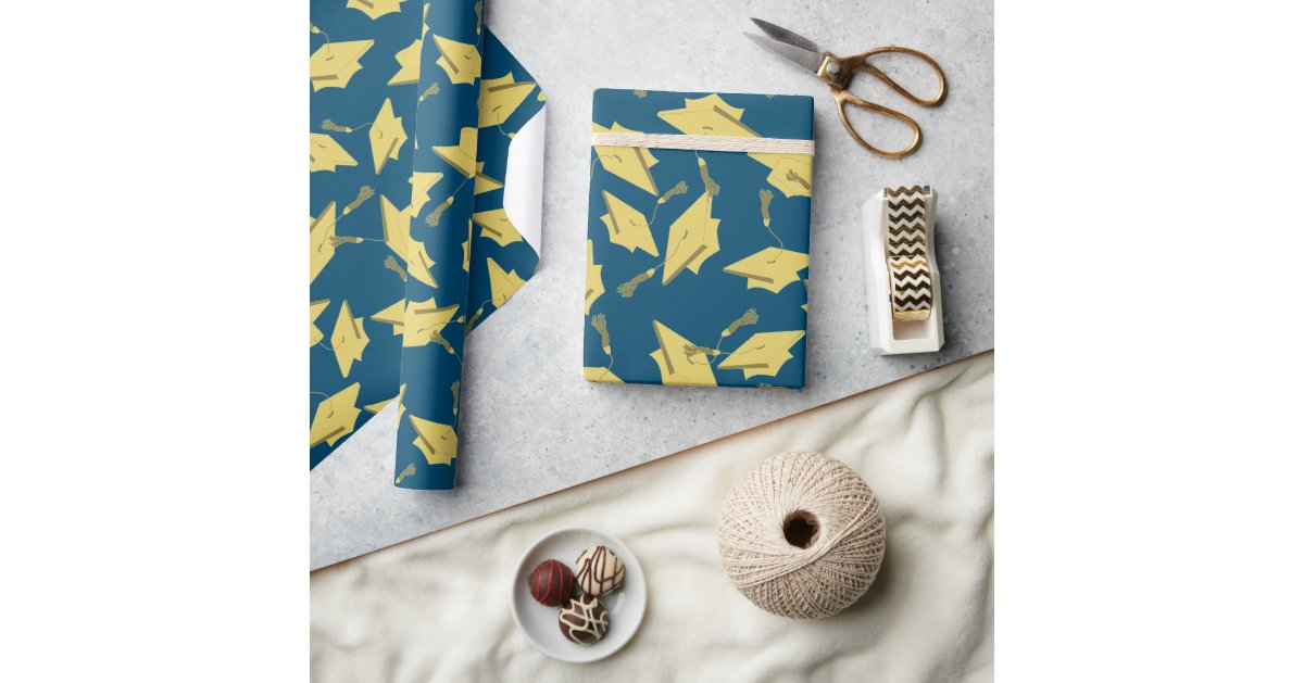 Gold Graduation Caps in the Air on Blue Fun Party Wrapping Paper | Zazzle
