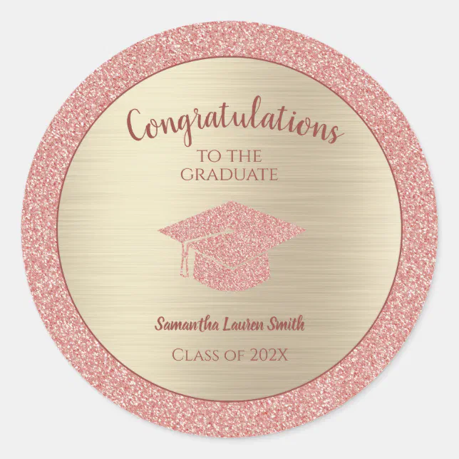 Gold Graduation Congrats Graduate Pink Glitter Classic Round Sticker ...
