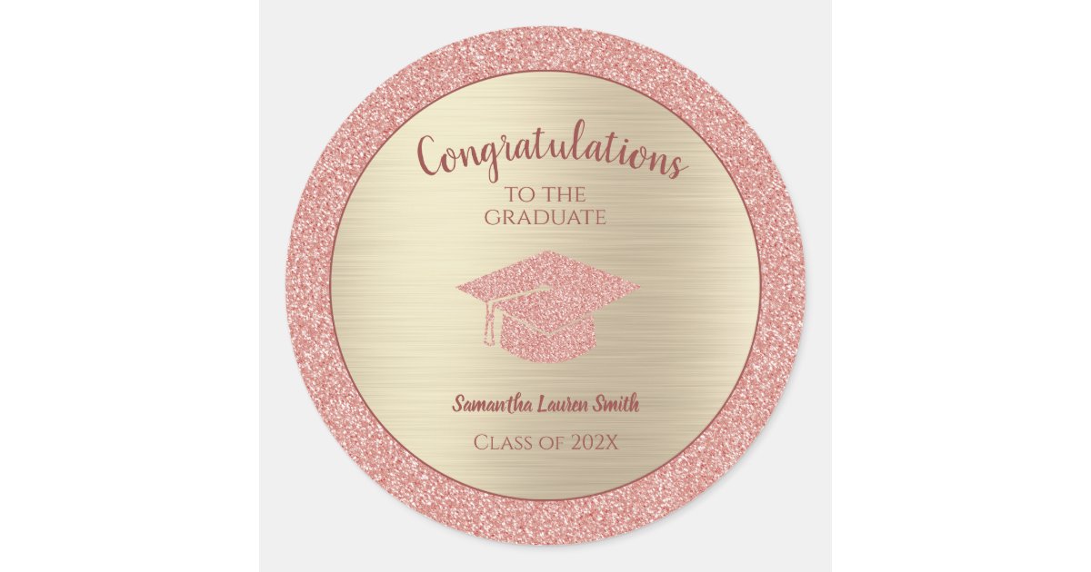 Gold Graduation Congrats Graduate Pink Glitter Classic Round Sticker ...
