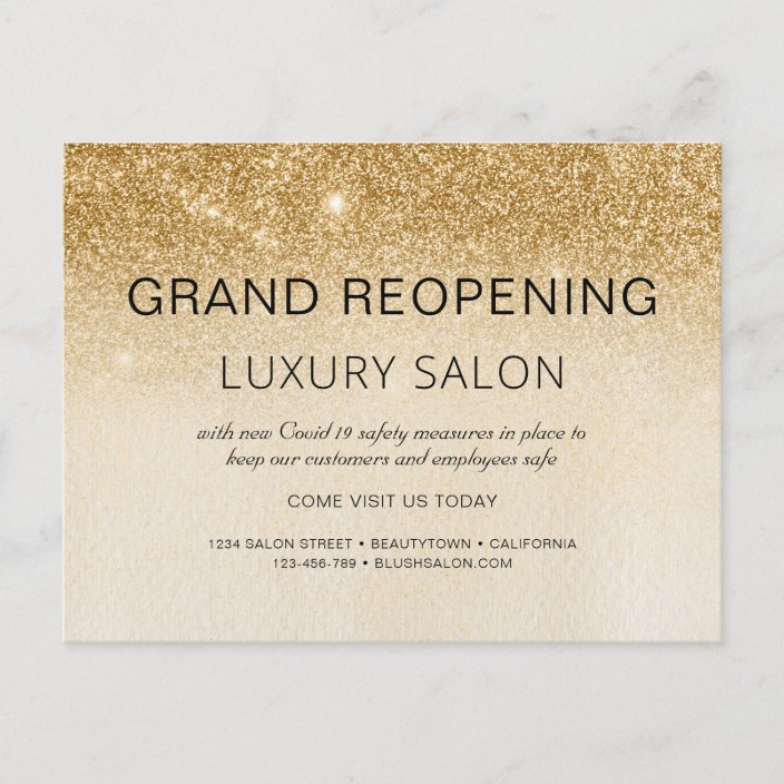 Gold Grand Reopening Glitter Luxury Hair Salon Announcement Postcard ...