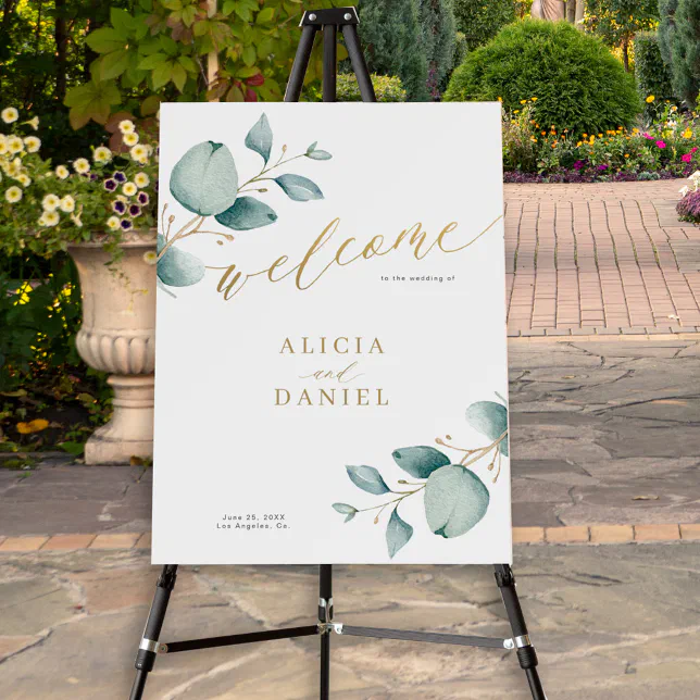 Gold green botanical greenery wedding welcome sign | Zazzle