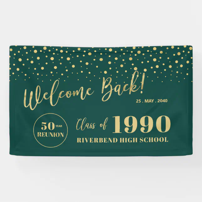 Gold & Green Confetti Class Reunion Party Welcome Banner | Zazzle