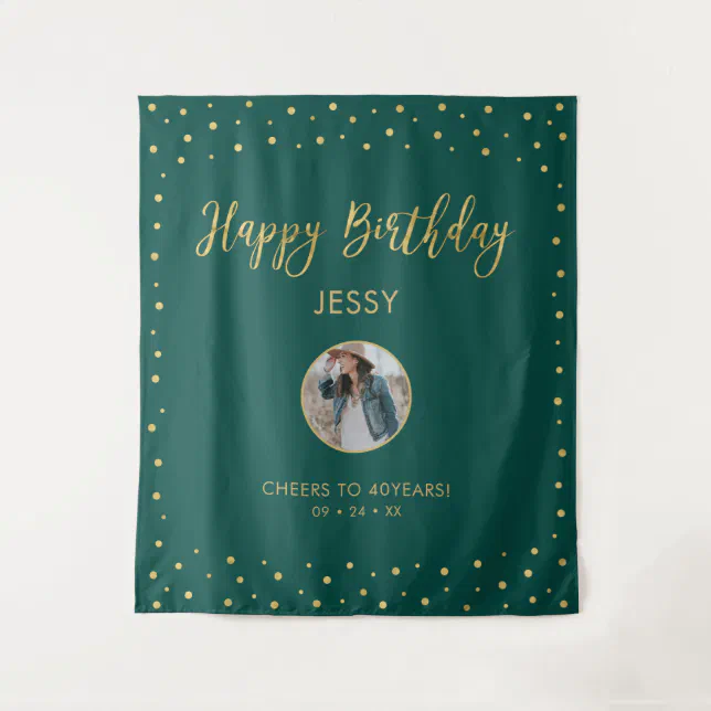 Gold & Green Confetti | Happy Birthday Photo Tapestry | Zazzle
