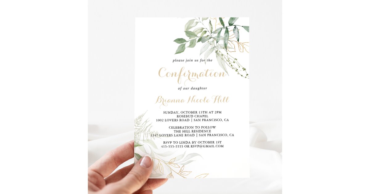 Gold Green Foliage Calligraphy Confirmation Invitation | Zazzle