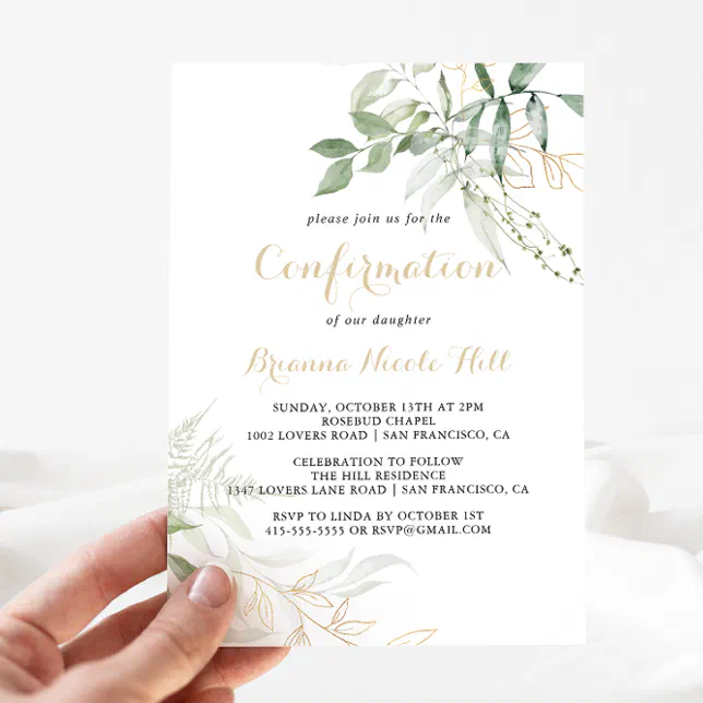 Gold Green Foliage Calligraphy Confirmation Invitation | Zazzle