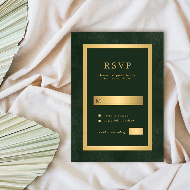 Gold green formal wedding modern typography RSVP card | Zazzle