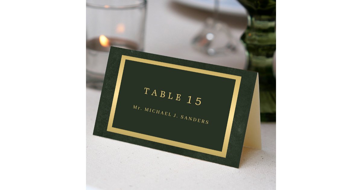Gold green guest name wedding place card | Zazzle