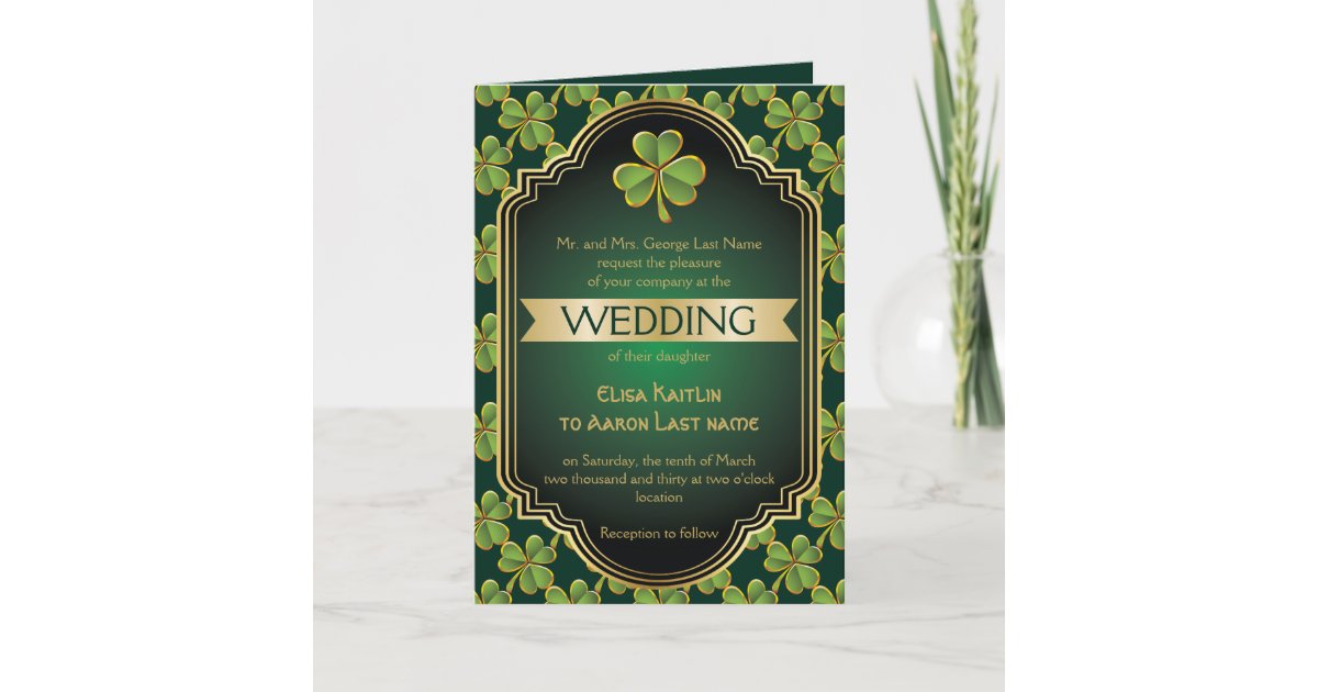 Gold, green irish clover and frame wedding invitation | Zazzle
