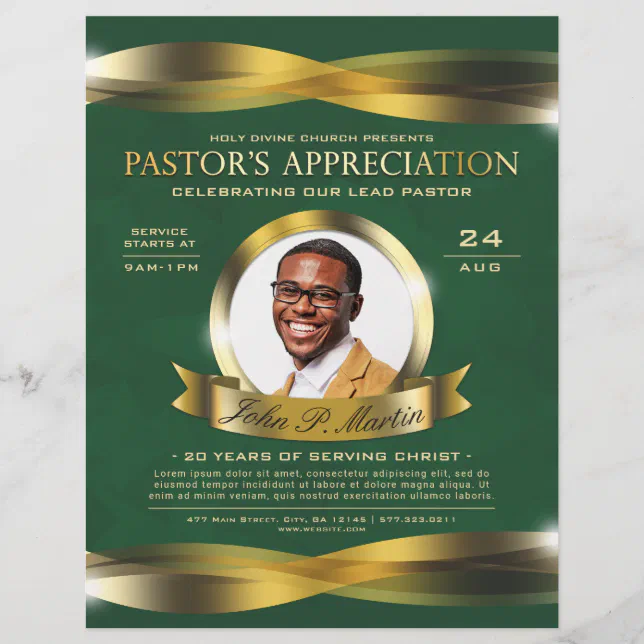 Gold & Green Pastor's Appreciation Church Service Flyer | Zazzle