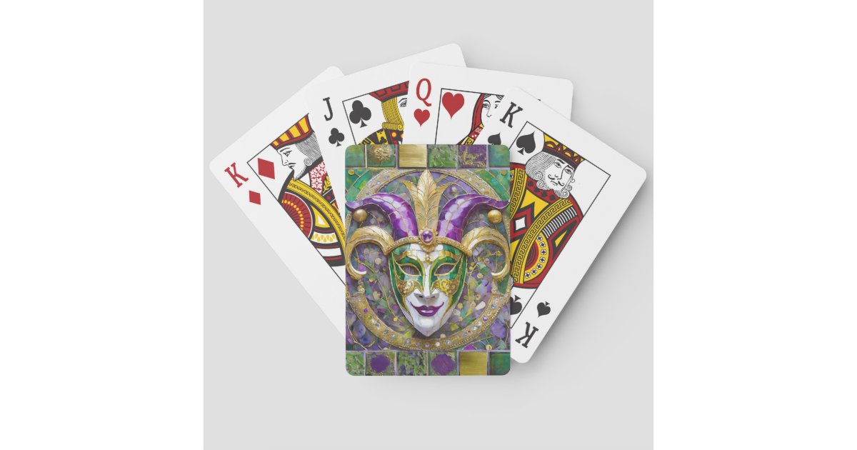Gold Green Purple Mardi Gras Jester Mask Poker Cards | Zazzle