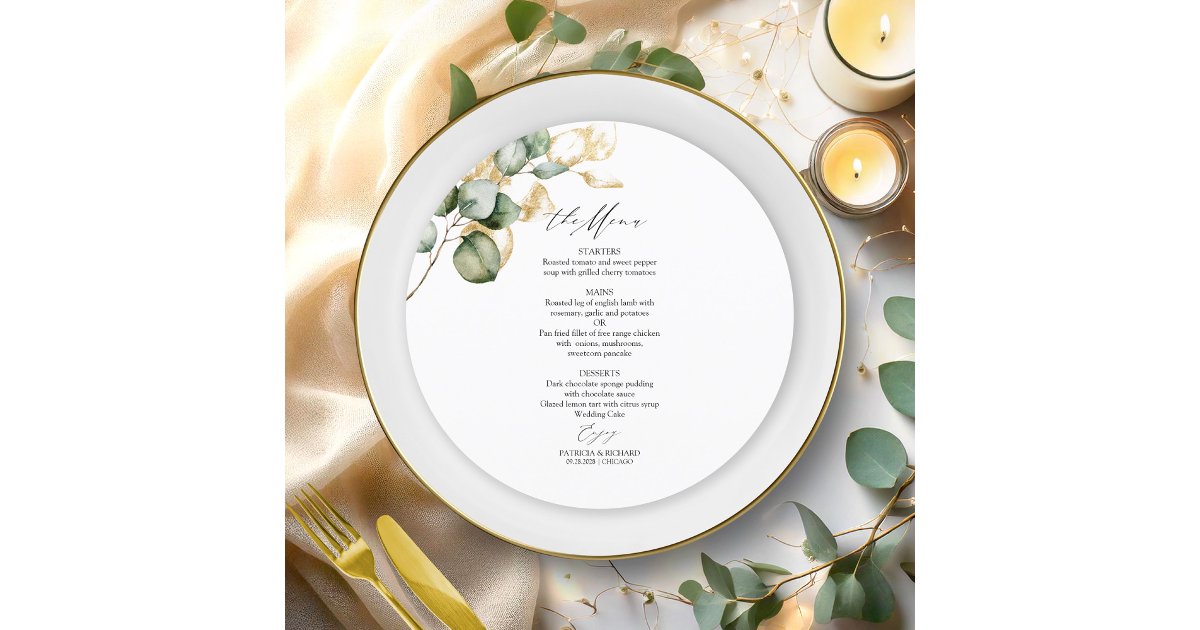 Gold Greenery Circle Wedding Menu Card | Zazzle