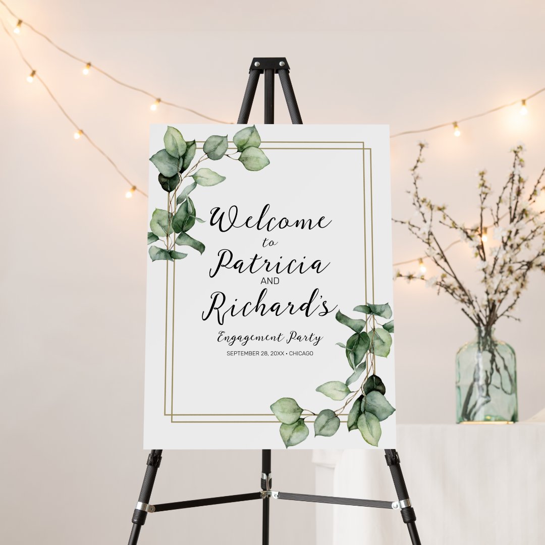 Gold Greenery Engagement Party Welcome Sign Board | Zazzle