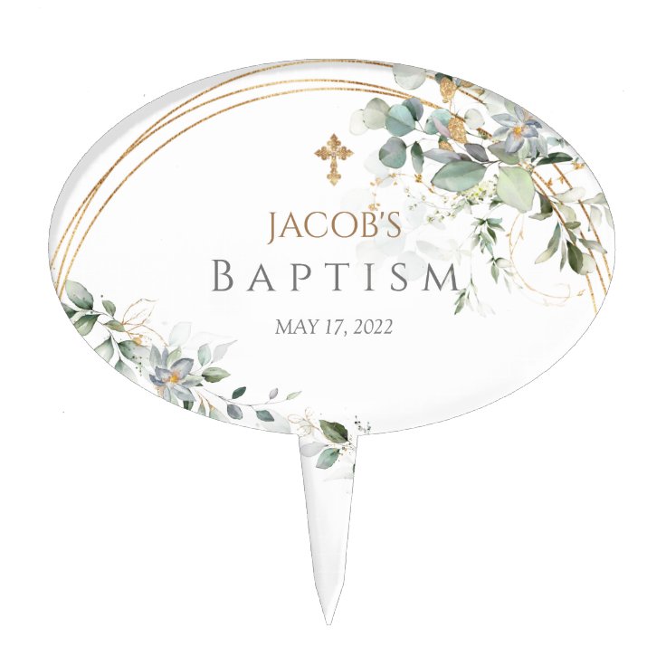 Gold Greenery Eucalyptus Boy Baptism Cake Picks | Zazzle