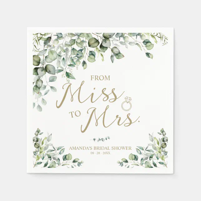 Gold Greenery From Miss To Mrs Bridal Shower Napkins | Zazzle