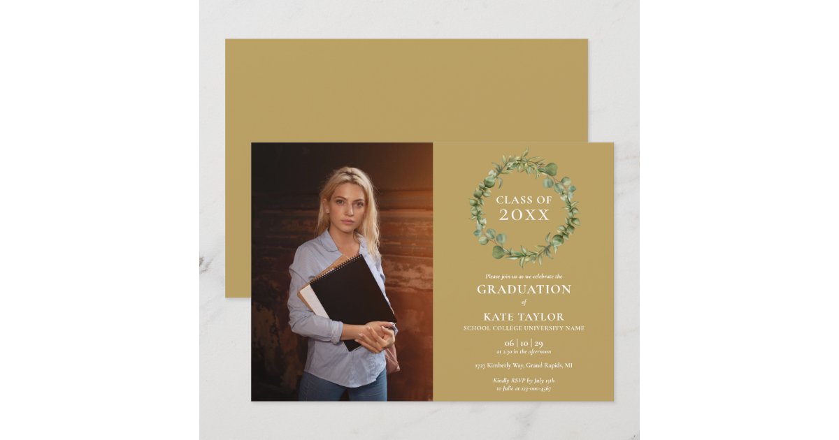 Gold Greenery Garland Photo Graduation Party Invit Invitation | Zazzle