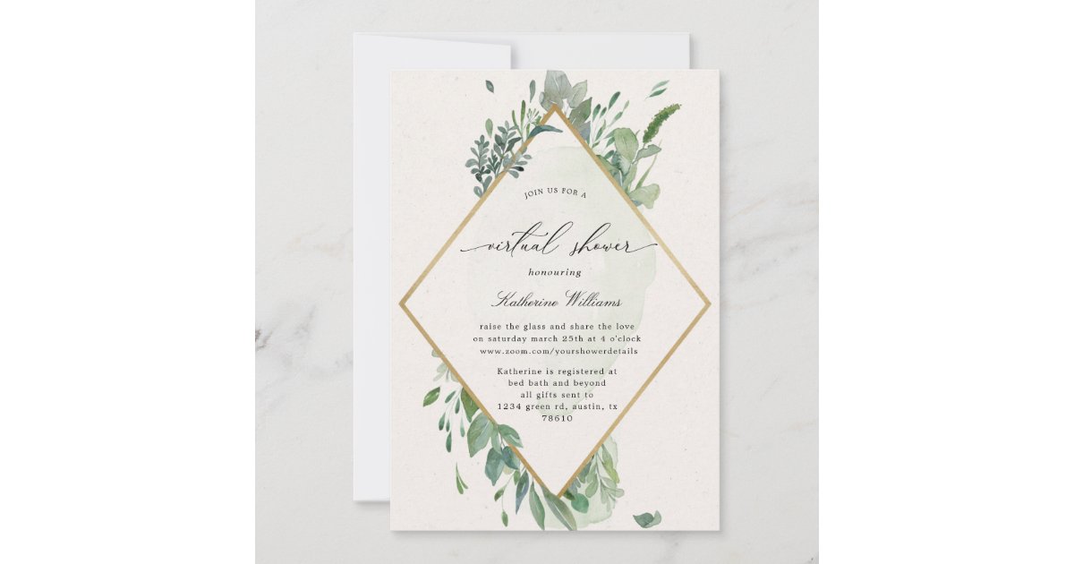 gold greenery virtual baby Shower Invitation | Zazzle