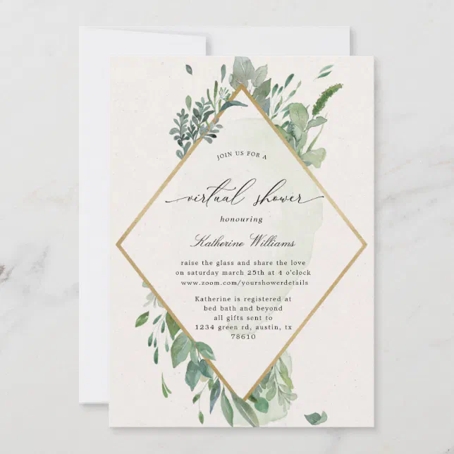 gold greenery virtual baby Shower Invitation | Zazzle