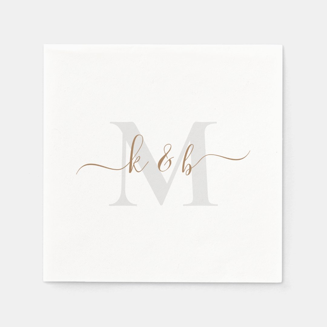 Gold & Grey Monogram Swash Script White Cocktail Napkins | Zazzle