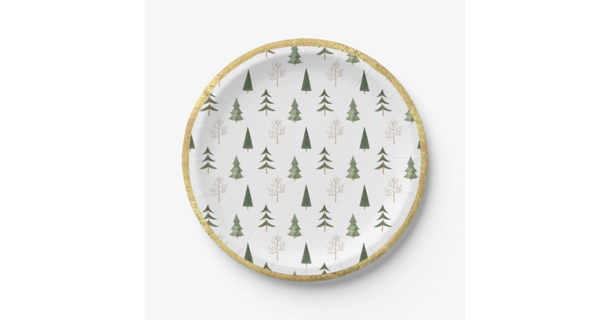 Gold Grunge Hand Drawn Pine Tree Christmas Paper Plates | Zazzle