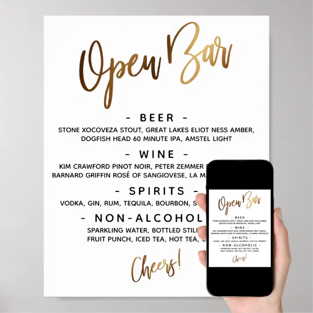 Gold Handwriting Typography Open Bar Menu Sign | Zazzle