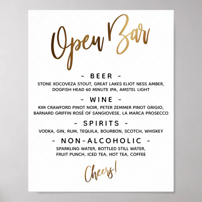 Gold Handwriting Typography Open Bar Menu Sign | Zazzle