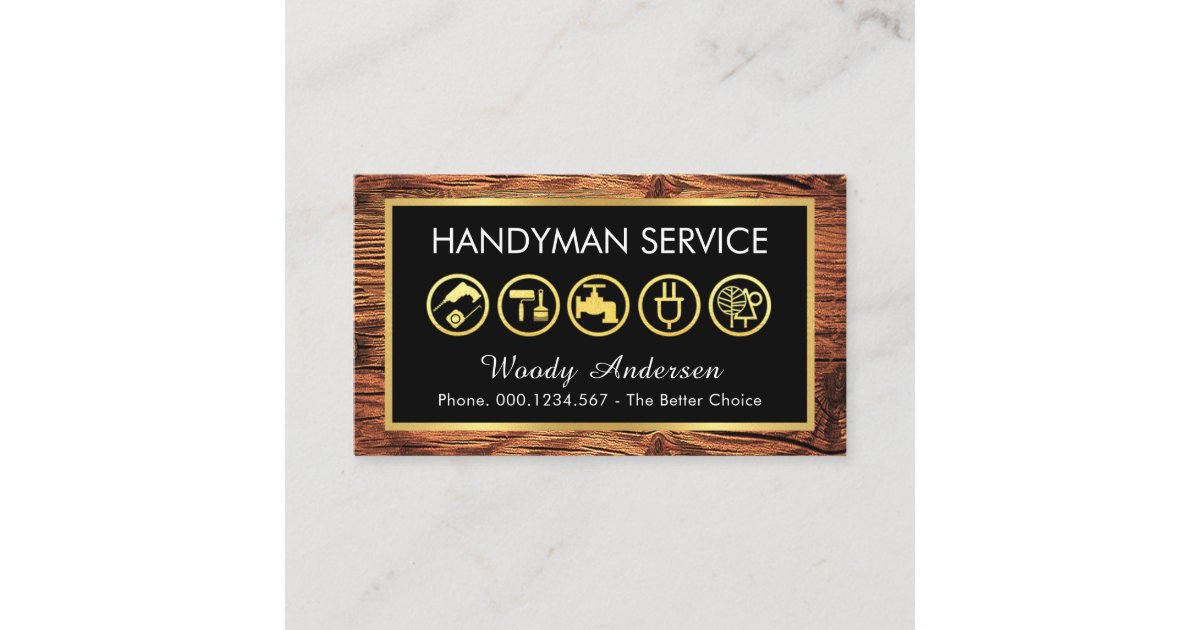 Gold Handyman Tools Frame On Wood Business Card | Zazzle