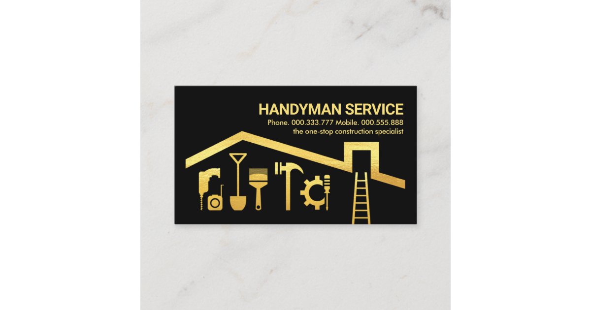 Gold Handyman Tools On Rooftop Business Card | Zazzle