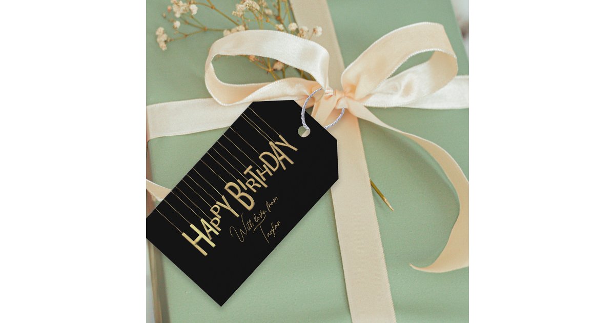 Gold Hanging Lettering On Black Happy Birthday Gift Tags | Zazzle