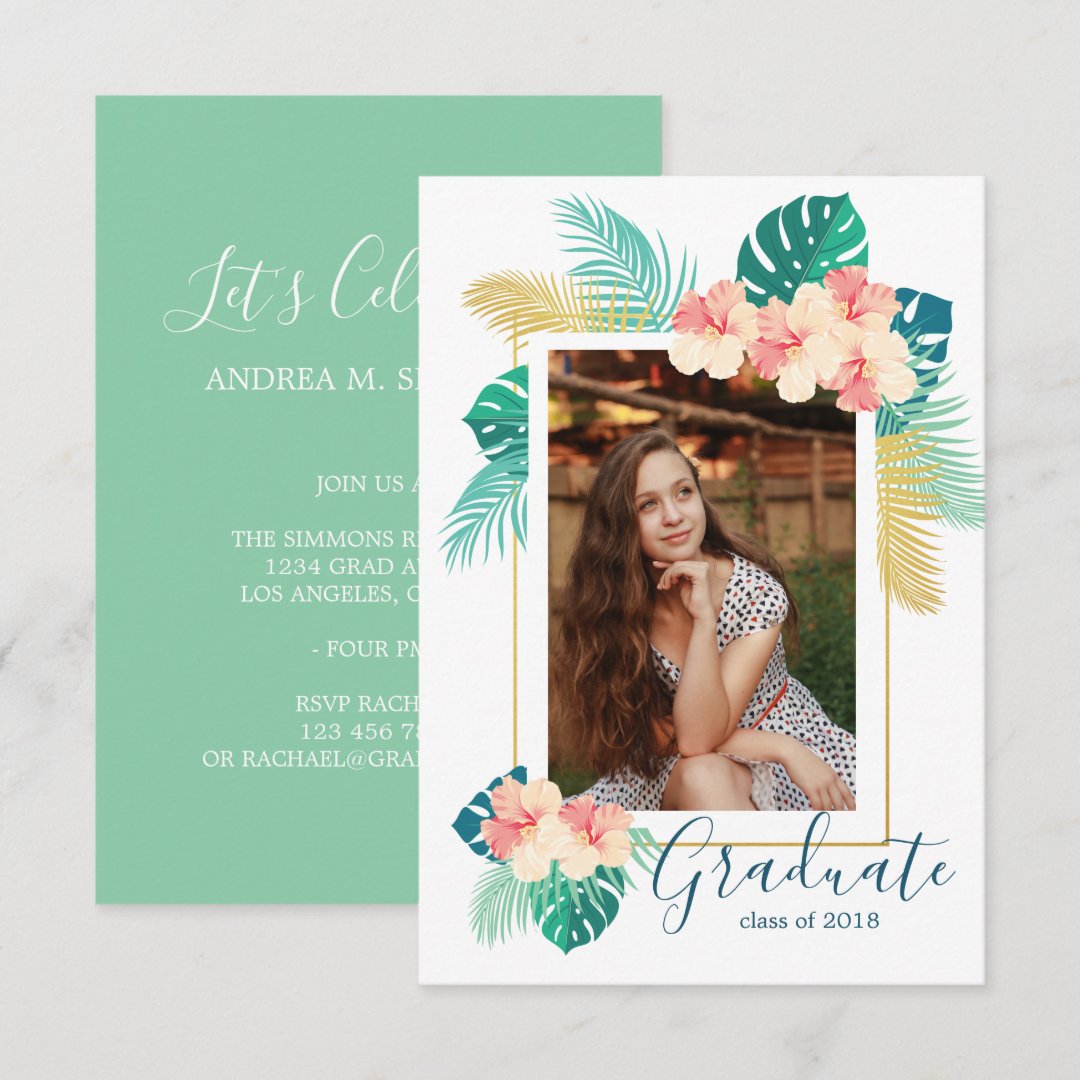 Gold Hawaiian Hibiscus Graduation Announcement | Zazzle