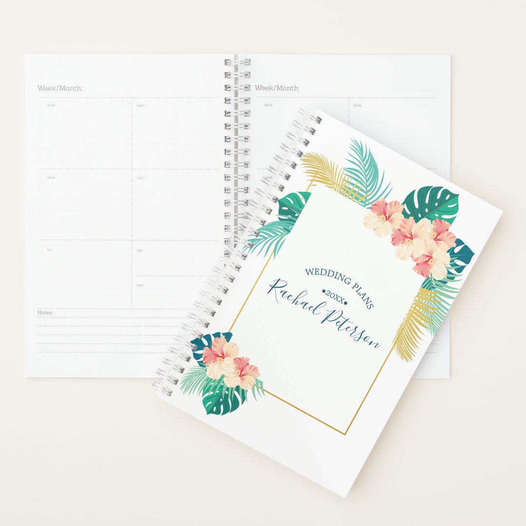 Gold Hawaiian Hibiscus Wedding Monogram Planner | Zazzle
